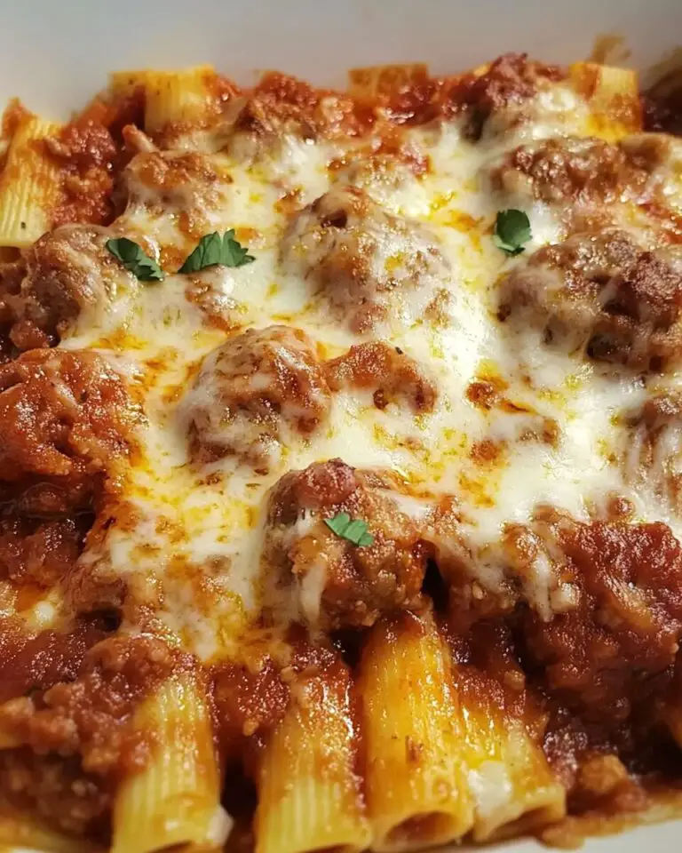 Easy Pasta Bake with Mostaccioli and Meatballs